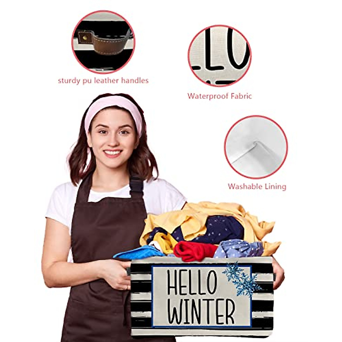 Large Storage Baskets Bins 2 Pack Hello Winter Snowflake Collapsible Storage Box Laundry Organizer for Closet Shelf Nursery Kids Bedroom Christmas Black Striped