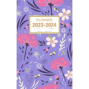 Planner July 2023-2024 June: 5x8 Weekly and Monthly Organizer Small | Fairy Aesthetic Flower Design Blue-Violet