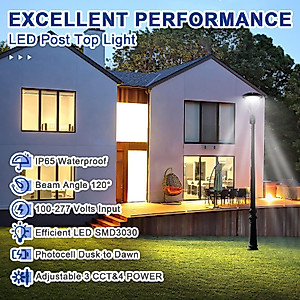 LED Post Top Light with Dusk to Dawn Photocell,80W/100W/120W/150W Power Tunable,3CCT 3000K-4000K-5000K,LED Circular Pole Light Outdoor Post Light,for Garden Street Lighting,IP65 DLC&ETL Listed-2Pack