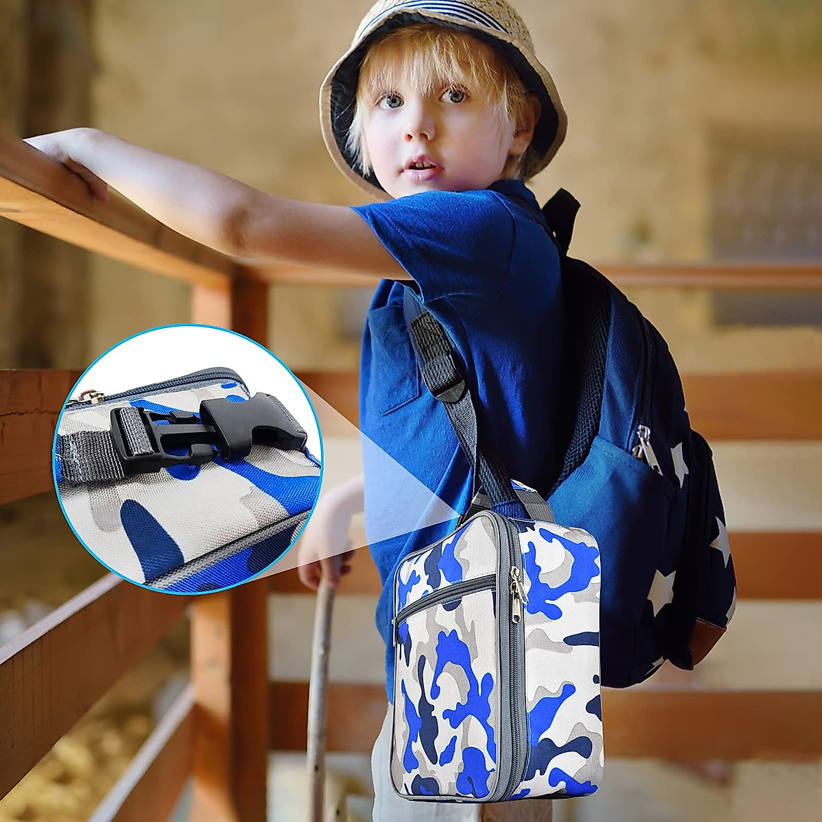 Insulated Lunch Bag, Leakproof Portable Lunch Box for Women Men Boys Girls, Large Capacity Cooler Bag with Handle and Bottle Pocket for Office School Camping Hiking Outdoor Beach Picnic (Camo Blue)