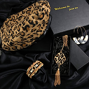 Junkin 4 Pieces Women Leopard Jewelry Set Leopard Earrings Bracelets Necklace French Beret Cheetah Set for Cosplay Party Costume Accessories