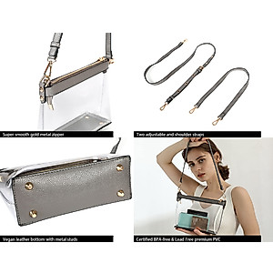 Y&R Direct 3-IN-1 Clear Zipper Crossbody Bag with Vegan Leather Trim Clear Purse for Stadium Festival Concert Gameday Gifts (Grey)