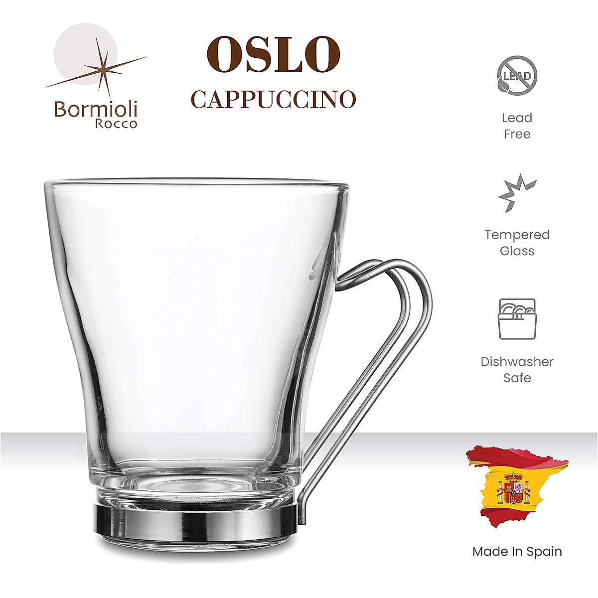 Bormioli Rocco OSLO Glass Coffee Mug - 7 ½ Ounce Espresso Cups (4 Pack) with Metal Handle Perfect Tea Glasses for hot and cold beverages, Thermal Shock Resistant, Tempered Glass, for Latte, Cappuccino