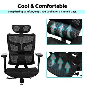Kinna EK Ergonomic Office Chair, Home Office Mesh Chair with Adjustable 4D Headrest, 3D Armrest, Lumbar Support for Long Hours - High-Back Computer Chair with Tilt Function, 5-Year Warranty