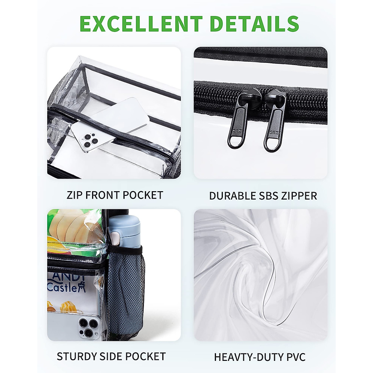 Vorspack Clear Tote Bag - Clear Bag Stadium Approved 12x12x6 Clear Lunch Bag Clear Crossbody Bag for Sports Events Concerts Work College - Black