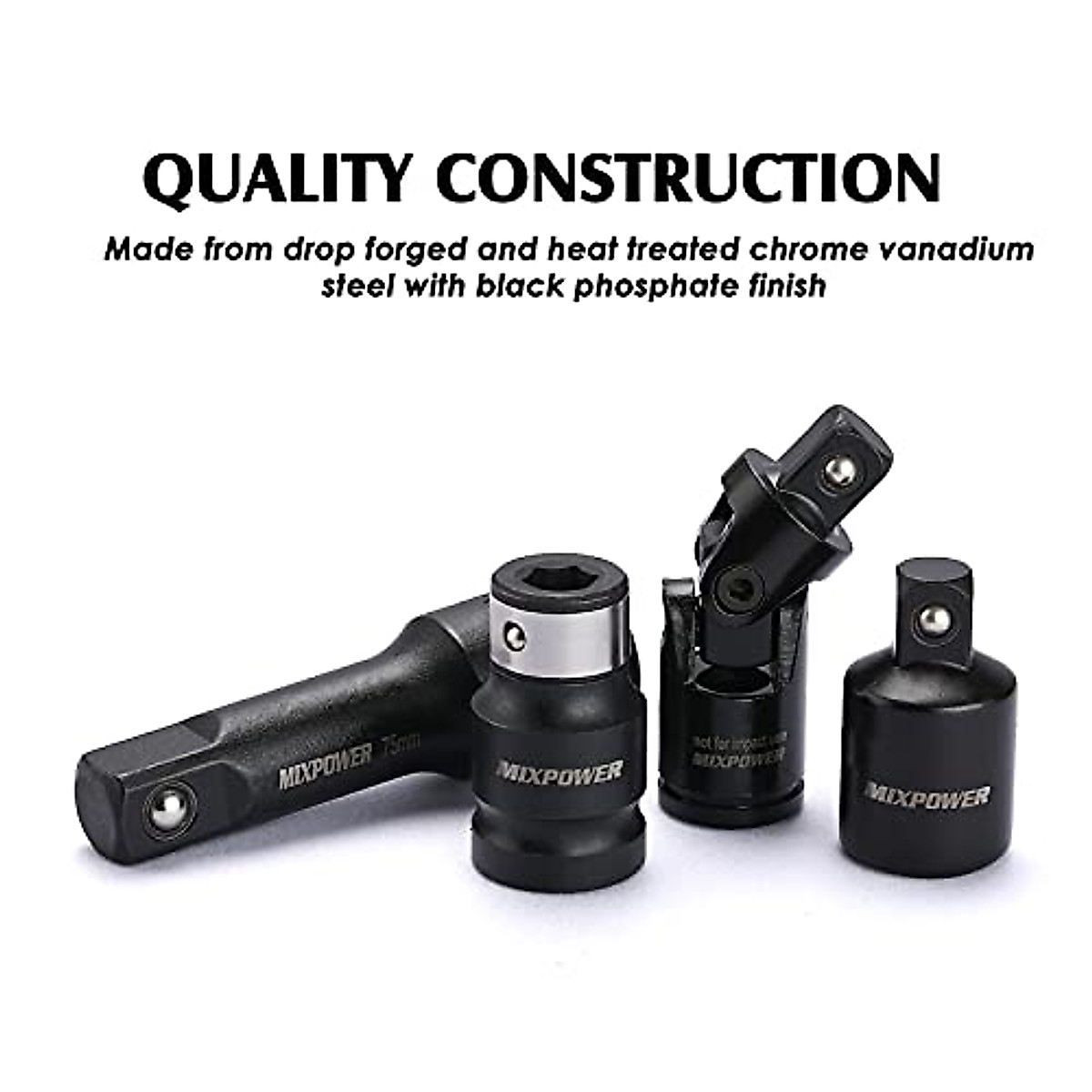 MIXPOWER 18 Pieces Drive Tool Accessory Set, CR-V Steel with Black Phosphate Finish, Includes Socket Adapters, Extensions and Universal Joints and Impact Coupler, Professional Socket Accessories