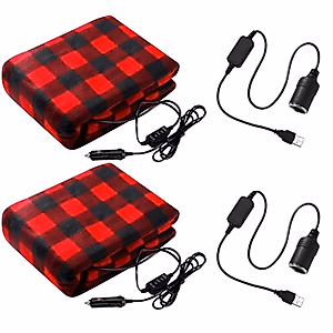 Baquler 2 Pcs Heated Car Blanket 48'' x 35.5'' 12V Portable Electric Blanket with 2 Pcs 12V to USB Adapter Electric Blanket for Car Hi/m/lo Temp for Camping Road Trip Winter Car Truck Accessory
