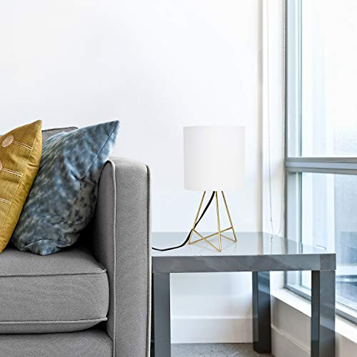 Simple Designs LT2066-GDW 13.5" Down to the Wire Metal Table Lamp with Fabric Shade, Gold with White Shade