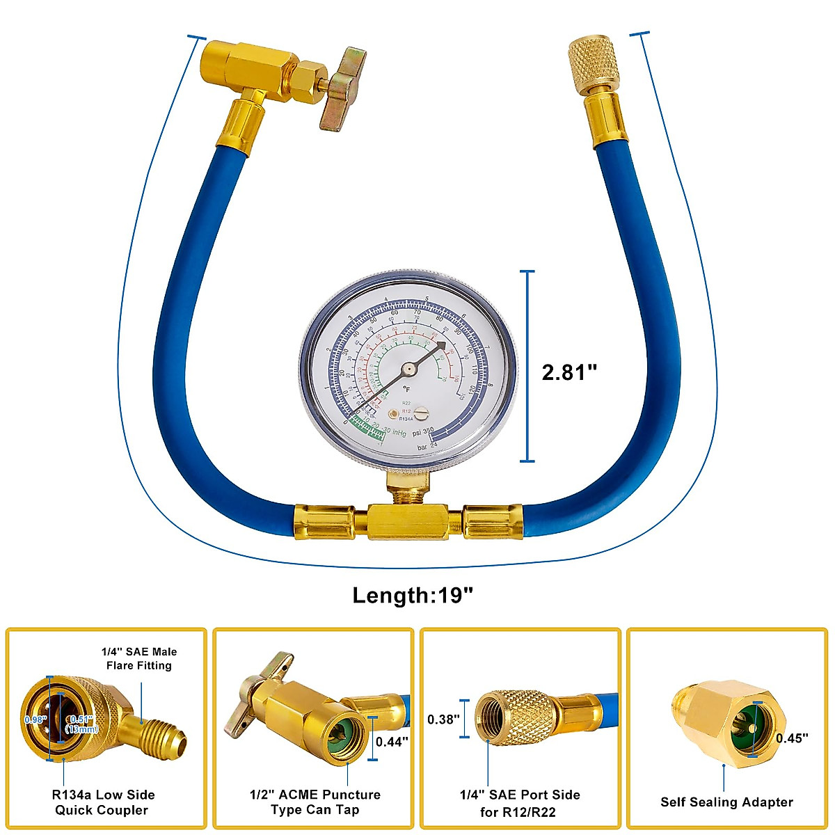 Belleone R134a Refrigerant Recharge Kit, AC Recharge Hose Kit with Gauge, R134a Freon Can Tap Recharging Hose with Detachable R134a Quick Coupler, R134a Self-Sealing Adapter for AC Refrigerant System
