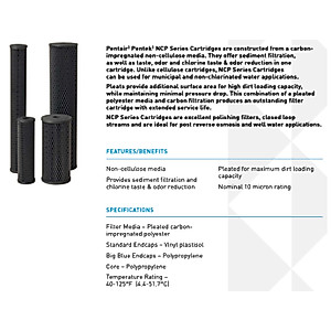 Pentair Pentek NCP-20 Carbon Water Filter, 20-Inch, Whole House Non-Cellulose Carbon Impregnated Pleated Filter Cartridge, 20" x 2.5", 10 Micron