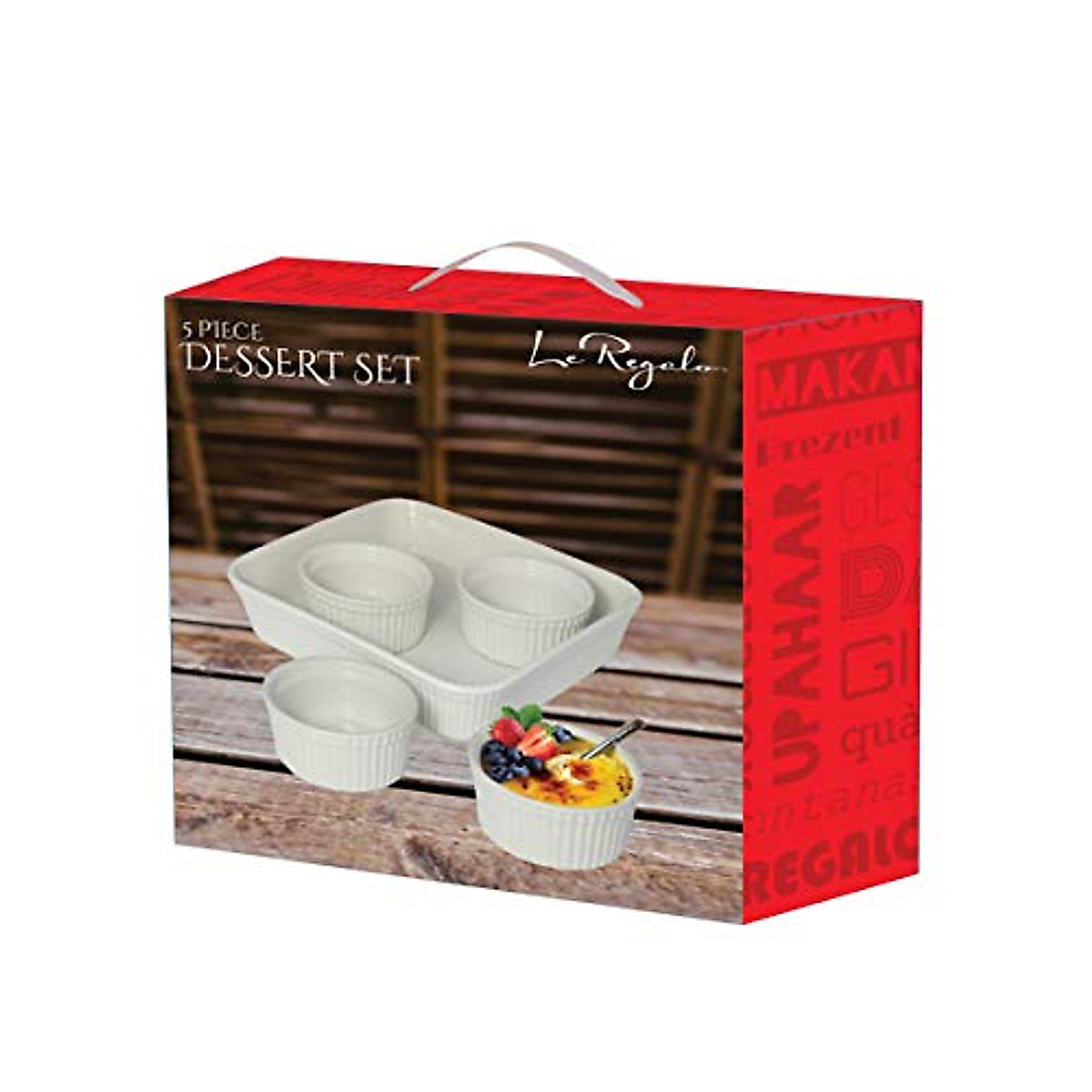 LE REGALO 5 Piece Dessert Set, Set of 4 Ceramic Ramekin Bowls and 1 Stoneware Baking Dish, Large, White