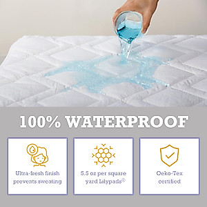 Down Etc | Hotel Waterproof Mattress Pad Lily Pads® | 100% Cotton Twill Diamond Quilted | Bed Protector with Fitted Skirt | King Size, White