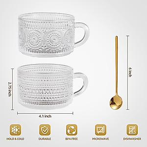 2PCS Vintage Glass Coffee Mugs with 2PCS Gold Spoons, Glass Coffee Cups Breakfast Tea Mug 14Oz Clear Embossed Glass Drinking Cup for Cappuccino, Latte, Yogurt, Beverage, Christmas Thanksgiving Gifts