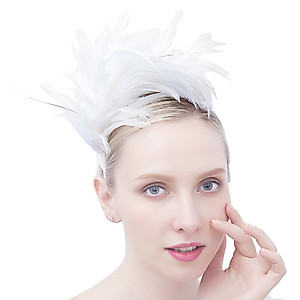 FELIZHOUSE 1920s Fascinator with Feathers Headband for Women Wedding Tea Party Headwear (White)