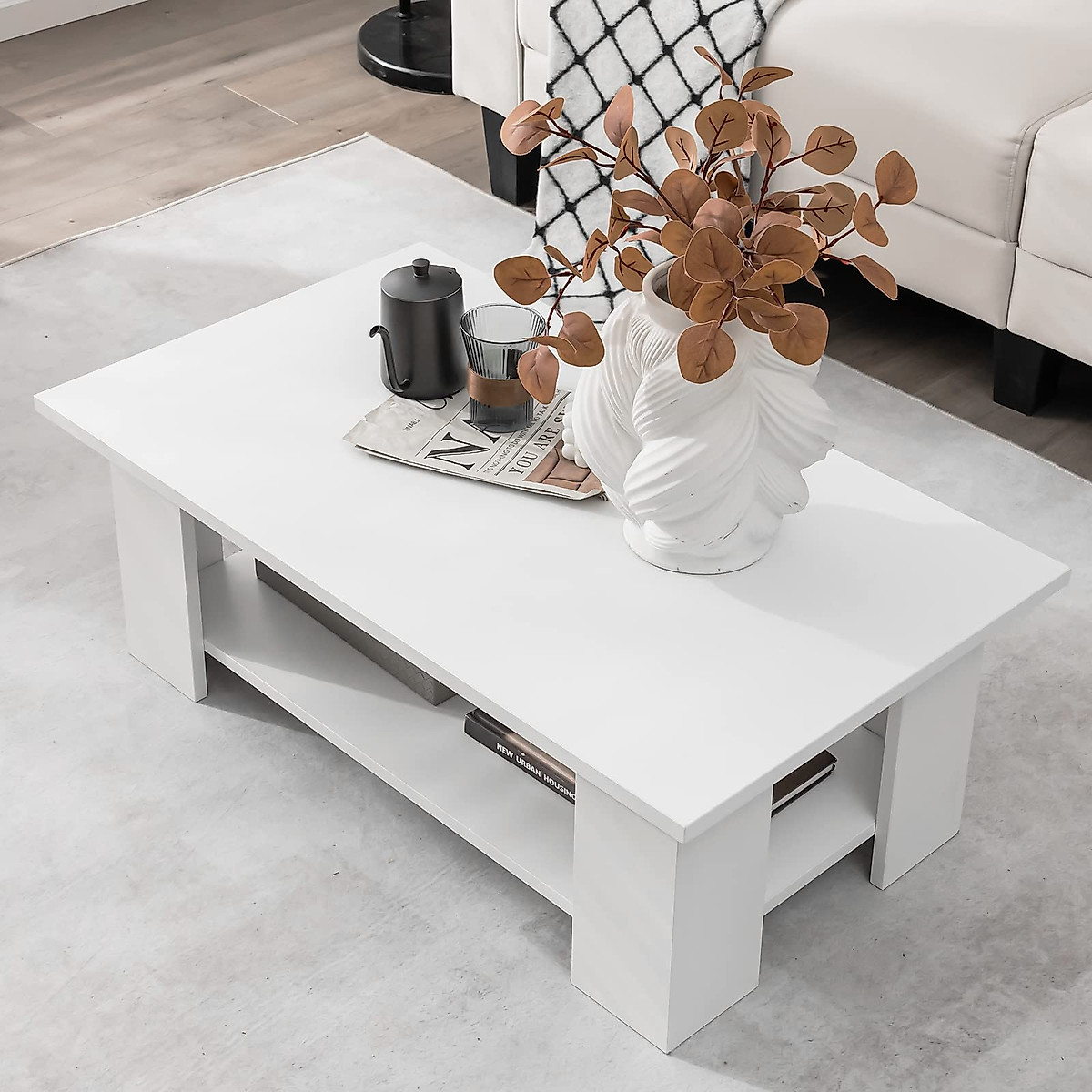 Tangkula 2-Tier Coffee Table, Modern Rectangular Center Cocktail Table with 5 Support Legs, Wooden Accent Living Room Furniture, Small Coffee Table for Small Spaces, Easy Assembly (White)