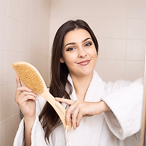 GranNaturals Dry Skin and Body Brush - 11.4 Inches - Improve Blood Circulation, Exfoliate Skin, Reduce Cellulite - Curved Natural Bristle Exfoliating Brush for Back, Legs, Feet