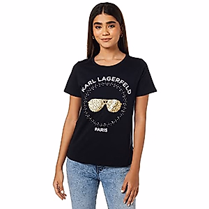Karl Lagerfeld Paris womens Short Sleeve Sequin Sunglass Tee T Shirt, Sequin Sunglass Black, Medium US