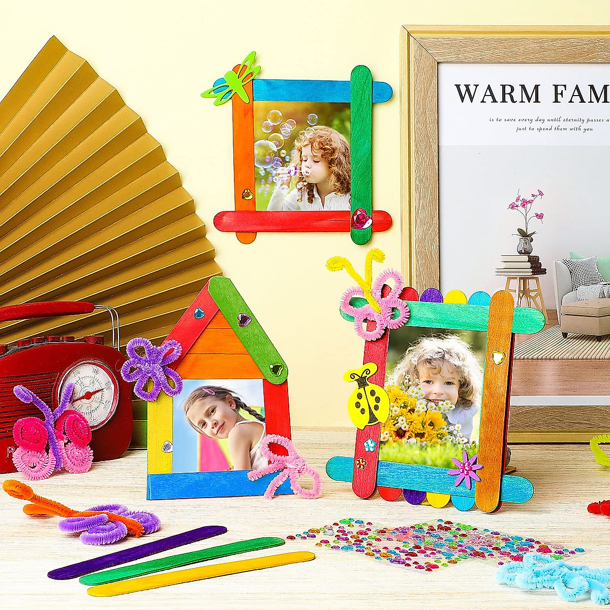 Gersoniel Picture 212 Pcs Frame Craft Kits for Kids Art DIY Photo Kit Include 100 Chenille Stems 2 Sheet Gems Stickers 50 Colored Craft Sticks 50 Foam Stickers for Party Favor Classroom(Spring Style)