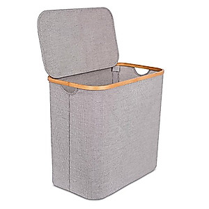 BIRDROCK HOME Bamboo & Canvas Hamper - Single Laundry Basket with Lid - Modern Foldable Hamper - Cut Out Handles - Grey Narrow Design - Great for Kids Adults