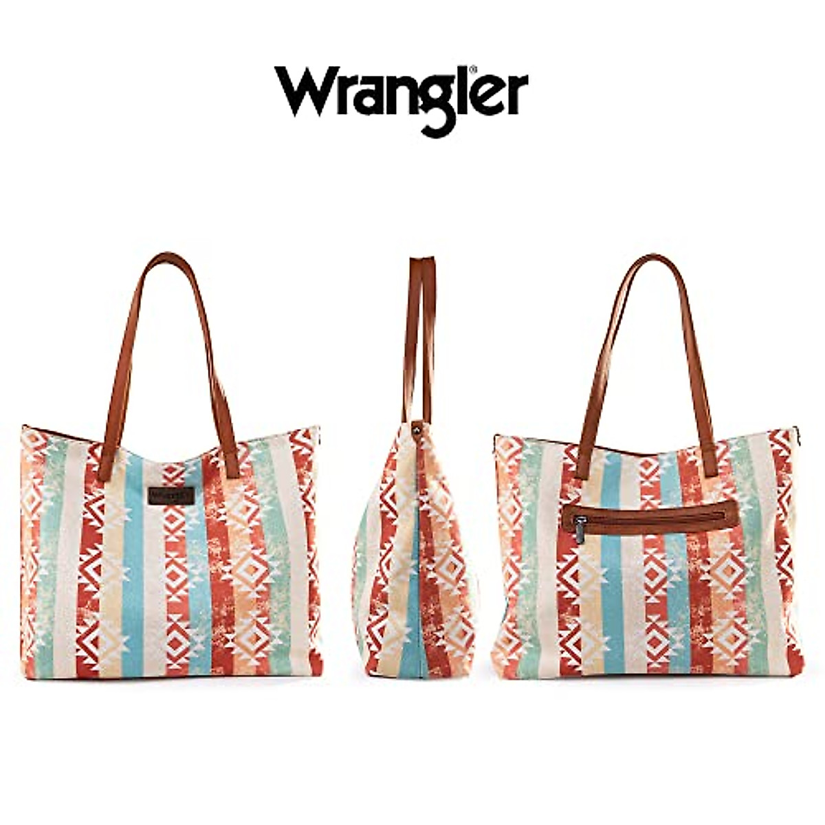 Wrangler Tote Bag for Women Aztec Printed Canvas Shoulder Handbags Large Hobo Handbags Genuine Leather Shoulder Strap,WG53-8112BR