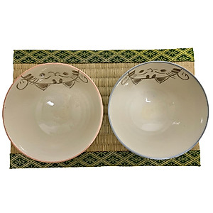 Japanese Rice Bowl Set Ceramic Blue and Pink Cute Smiling Cats Design Set of 2 Bowls Blue and Pink
