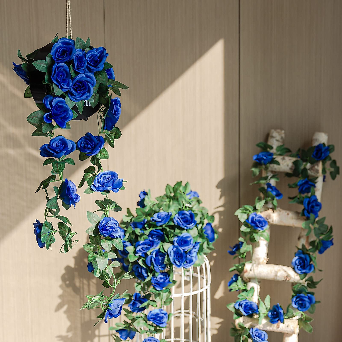 4 Pack (32FT) Artificial Rose Vine Fake Flowers Garland Hanging Silk Rose Ivy Plants Vine for Wedding Arch Party Garden Home Bedroom Office Wall Aesthetic Art Décor (Royal Blue)