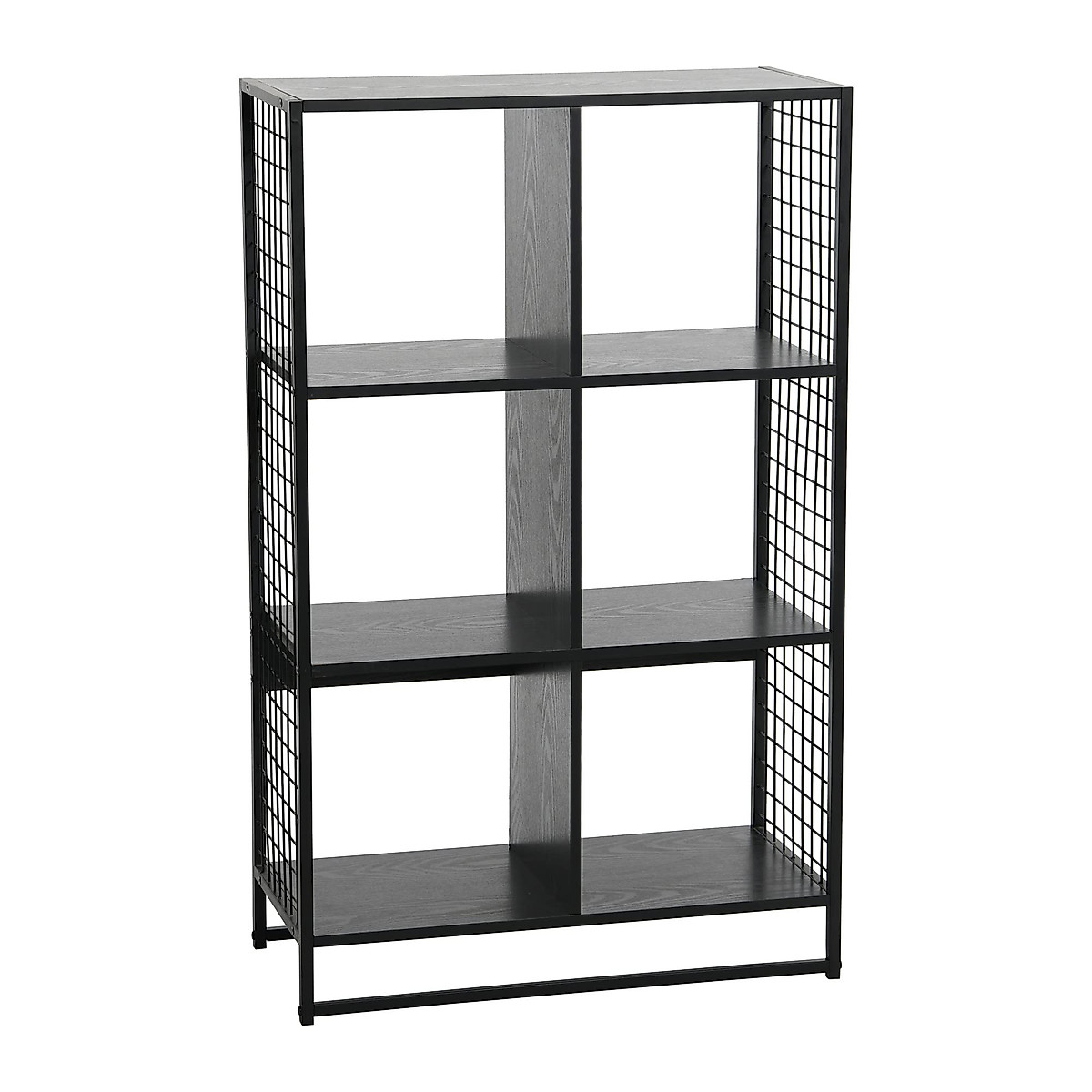 Household Essentials Trellis Open Storage Bookshelf with 6 Cube Compartments Black Oak Wood Grain and Black Metal
