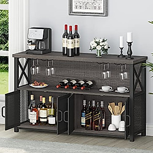 LVB Wine Bar Cabinet, Industrial Coffee Bar Cabinet for Liquor and Glasses, Modern Sideboard Buffet with Storage Rack, Rustic Liquor Home Bar for Kitchen Dining Living Room, Dark Gray Oak, 47 Inch