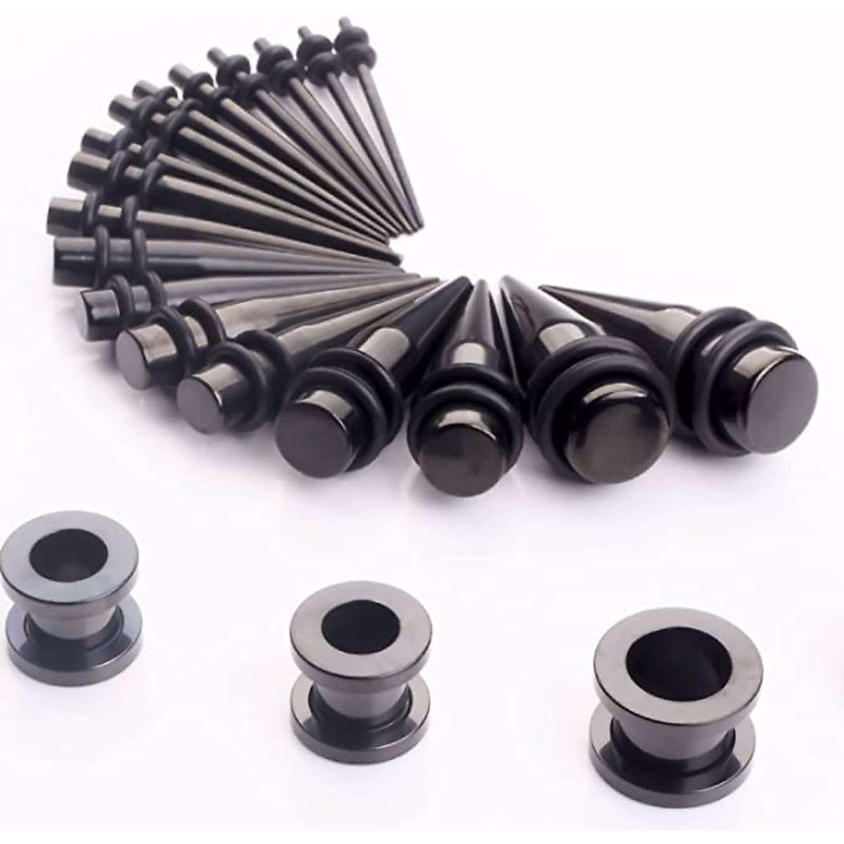 CABBE KALLO 36pcs Steel Ear Stretching Kit 14G-00G 9 Sizes Surgical Steel Tapers Tunnels Gauges Set for Starter Women Men Expanders Body Piercing Gift Jewelry, Black