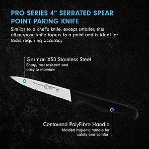 Messermeister Pro Series 4” Serrated Spear Point Paring Knife - German X50 Stainless Steel & NSF-Approved PolyFibre Handle - 15-Degree Edge, Rust Resistant & Easy to Maintain - Made in Portugal
