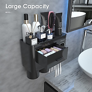 iHave Toothbrush Holder for Bathroom Storage, 2 Cups Toothbrush Holder Wall Mounted with Toothpaste Dispenser Bathroom Set, Large Capacity Tooth Brushing Holder Bathroom Organization and Storage