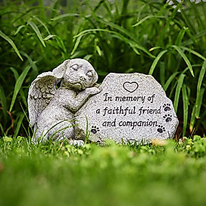 Dog Memorial Stone Statue, Sleeping Dog Angel Figurine Forever in Our Hearts, Dog Grave Markers Outdoor for Deceased Pet, Loss of Dog Memorial Sympathy Gifts Antique Stone Finish 8.86 inch