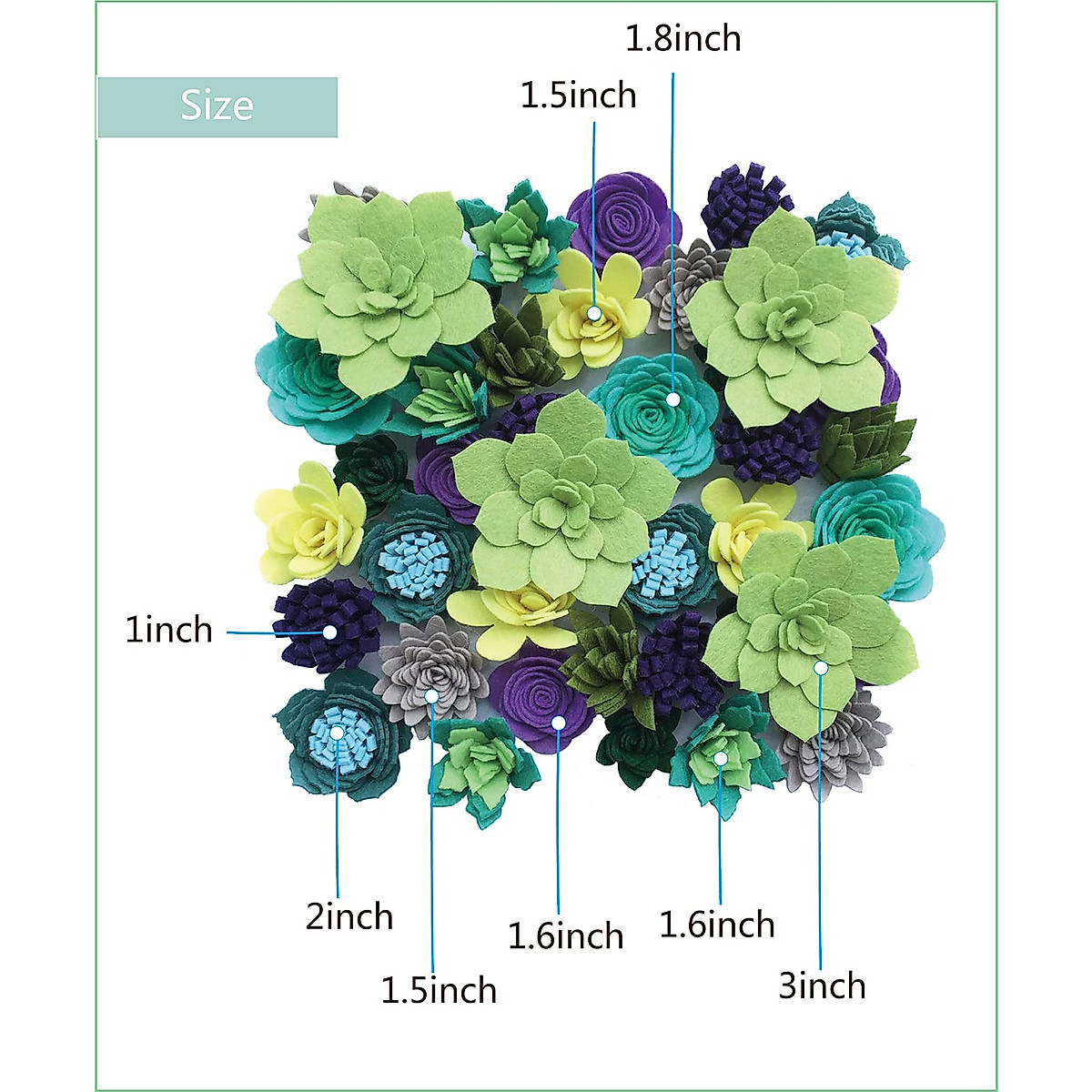 BAZIMA ALICE Felt Flowers and Succulents,Letter Board Accessories, DIY Wreaths, Garland,Baby Shower, Vertical Garden, Create Headbands,40 Felt Flowers and 10 Felt Leaves