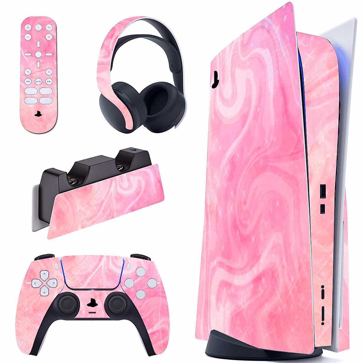 PlayVital Psychedelic Pink Full Set Skin Decal for ps5 Console Disc Edition, Sticker Vinyl Decal Cover for ps5 Controller & Charging Station & Headset & Media Remote
