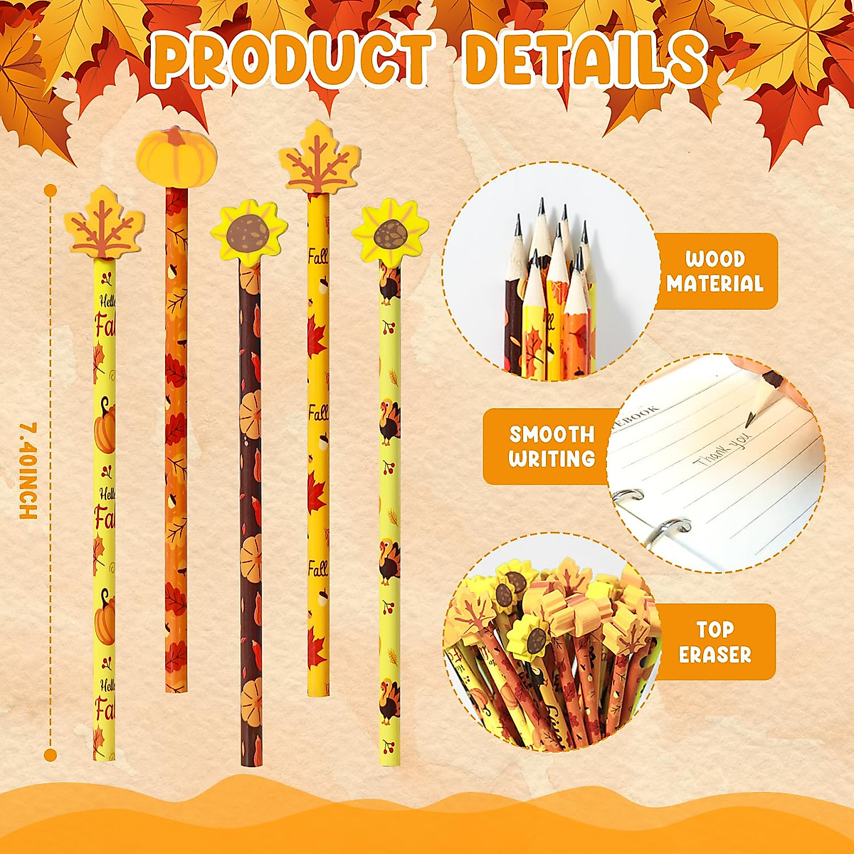 Crafterlife 50 Set Fall Pencils with Eraser Toppers, Thanksgiving Bulk Pencil with Fall Themed Top Erasers Autumn Pumpkin Maple Leaf Decoration for Kids Students School Stationery