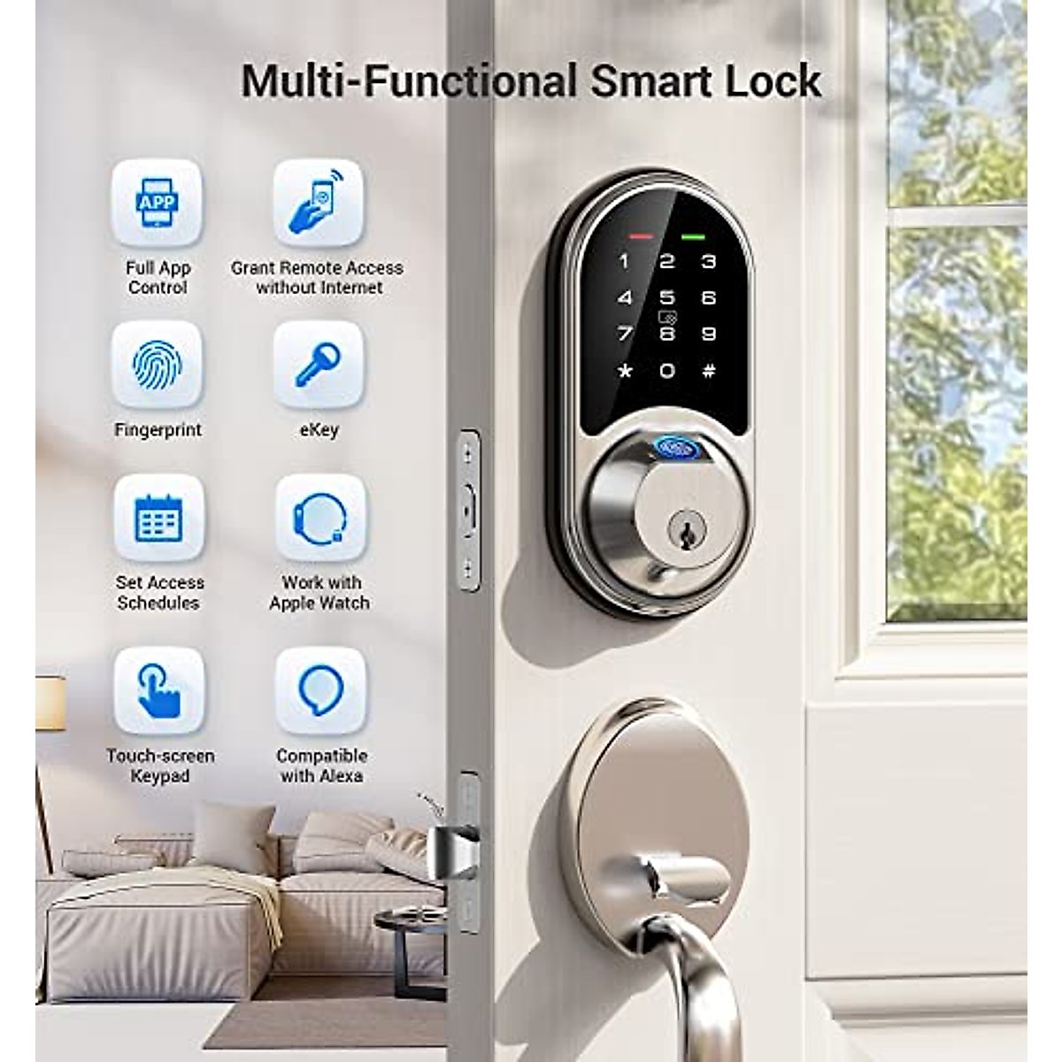 Veise Smart Lock, Fingerprint Door Lock, 7-in-1 Keyless Entry Door Lock with App Control, Electronic Touchscreen Keypad, Smart Deadbolt, Biometric Smart Locks for Front Door, Satin Nickel