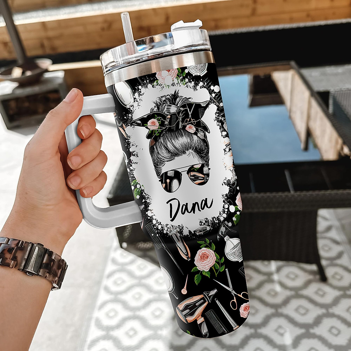 Hyturtle Personalized Coffee Tumbler Hairstylist Customized Name 40 oz Tumbler with Handle and Straw Lid, Birthday Gifts For Hairdressers Men Women Insulated Mugs Wine Tumblers Stainless Steel Cups