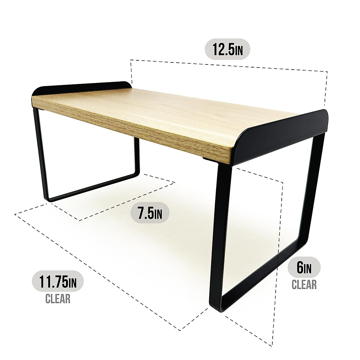 Mitus Shelf Organizer and Storage, Tiered Wood Cabinet Rack for The Kitchen Counter, Bathroom Counter, Pantry Cupboard, Office Desk Bookshelf, 12" Wide Natural and Black