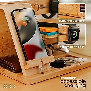 umbobee Wood Phone Docking Station - Nightstand Organizer for Men & Women, Phone Docking Station, Rubber Wood, with Watch Holder, Anniversary Birthday