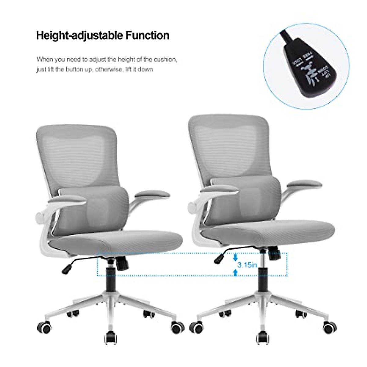BRTHORY Office Chair Height-Adjustable Ergonomic Desk Chair with Self-Adjustable Lumbar Support, Breathable Mesh Computer Chair High Back Swivel Task Chair with Flip-up Armrests - Grey