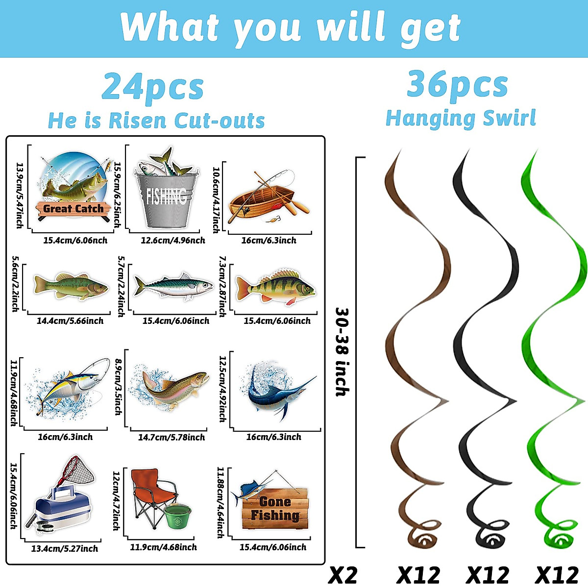 60Pcs Gone Fishing Party Supplies Fishing Birthday Party Decorations Fishing Banner Ceiling Streamers Fish Paper Signs Fishing Party Decorations Fish Hanging Swirl Paper Cutouts for Fishing
