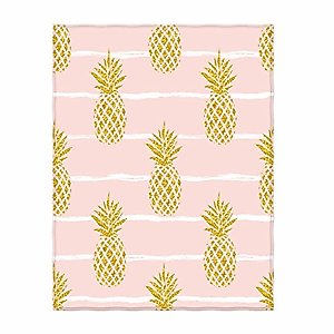 kasme 58 x 80 Inch Seamless Summer Gold Pineapple On Striped Background Soft Throw Blanket for Bed Couch Sofa Lightweight Travelling Camping Throw Size for Kids Boys Women All Season…