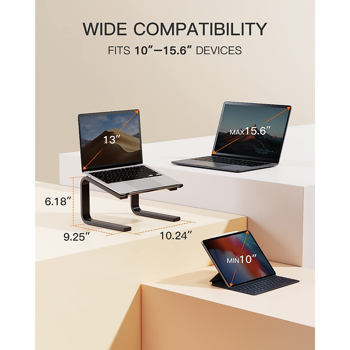 LORYERGO Laptop Stand for Desk, Ergonomic Laptop Riser Laptop Mount Computer Holder for Desk, Strengthened Notebook Stand Compatible with All 10-15.6” Laptops, Black