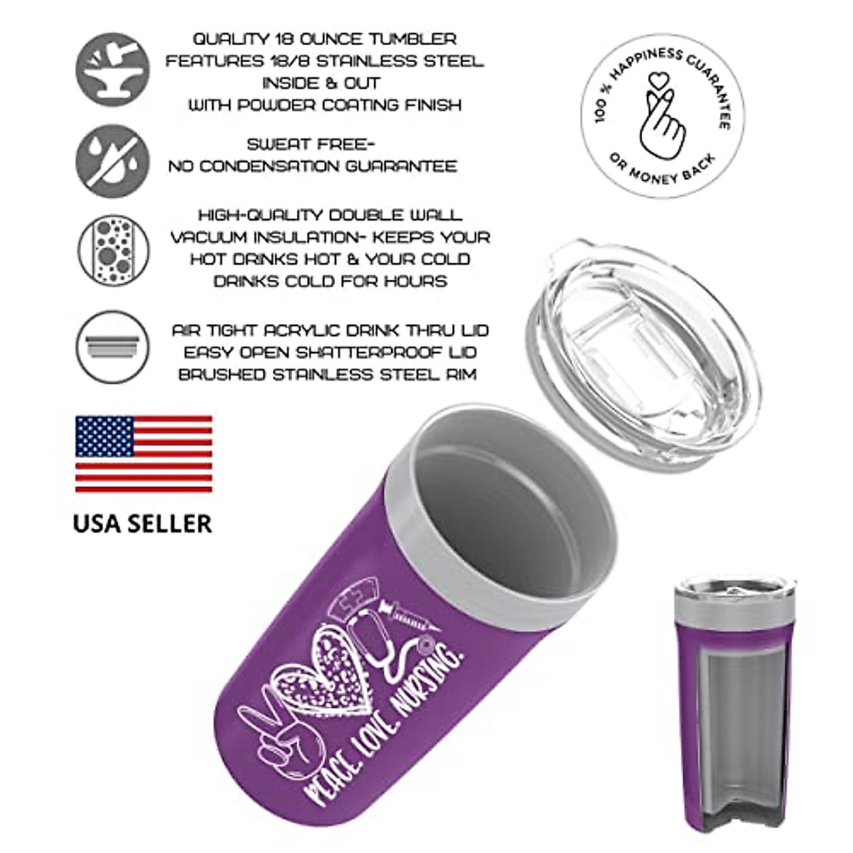 Peace, Love, Nursing. 2-Piece Gift for Nurses. Includes Insulated Tote Bag and Stainless-Steel Tumbler. Great Thank You Gift for Nurses. RN Gift and Perfect Graduation Gift. Nurse Bag for Work.