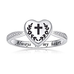 Sterling Silver Urn Ring for Ashes Keepsake Cross Heart Cremation Finger Ring for Women Girls Memorial Jewelry