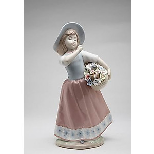 Cosmos 10390 Girl with Flower Basket and Cat Ceramic Figurine, 8-1/8-Inch