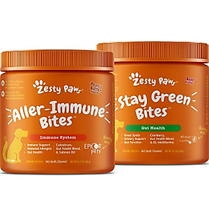 Allergy Immune Supplement for Dogs - with Omega 3 Wild Alaskan Salmon Fish Oil + Stay Green Bites for Dogs - Grass Burn Soft Chews for Lawn Spots