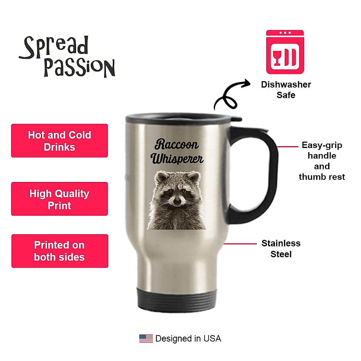 SpreadPassion Raccoon Whisperer Travel Mug - Funny Tea Hot Cocoa Coffee Insulated Tumbler Cup - Novelty Birthday Christmas Gag Gifts Idea