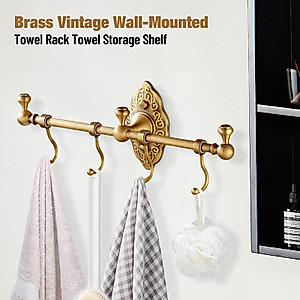 RustyVioum Wall Mounted Brass Towel Bar with 4 Hooks, European Retro Brass Towel Hook Rack, Hanger Hook Rack for Entryway Bathroom Bedroom, 14.17 * 2.95inch