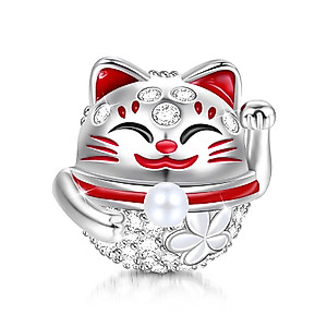 GNOCE Lucky Cat Charms for Women Sterling Silver “Wish You Luck” Cute Cat Bead Charm with Cubic Zirconia Fit Bracelet Necklace Gifts for Daughter & Friends Pet Lovers (Lucky Cat)